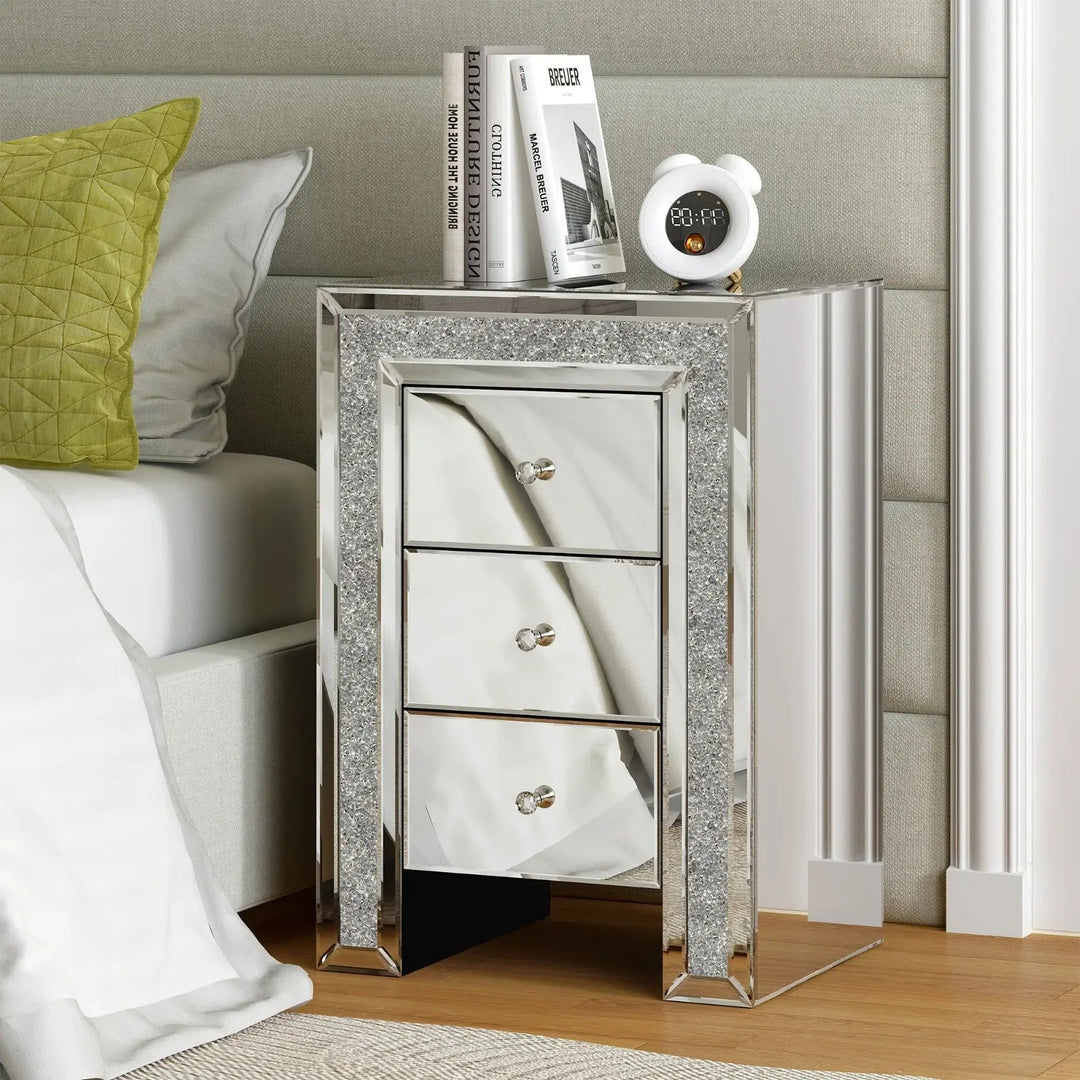 Stunning Crushed Diamond Side Table with 3 Drawers - TARLEE